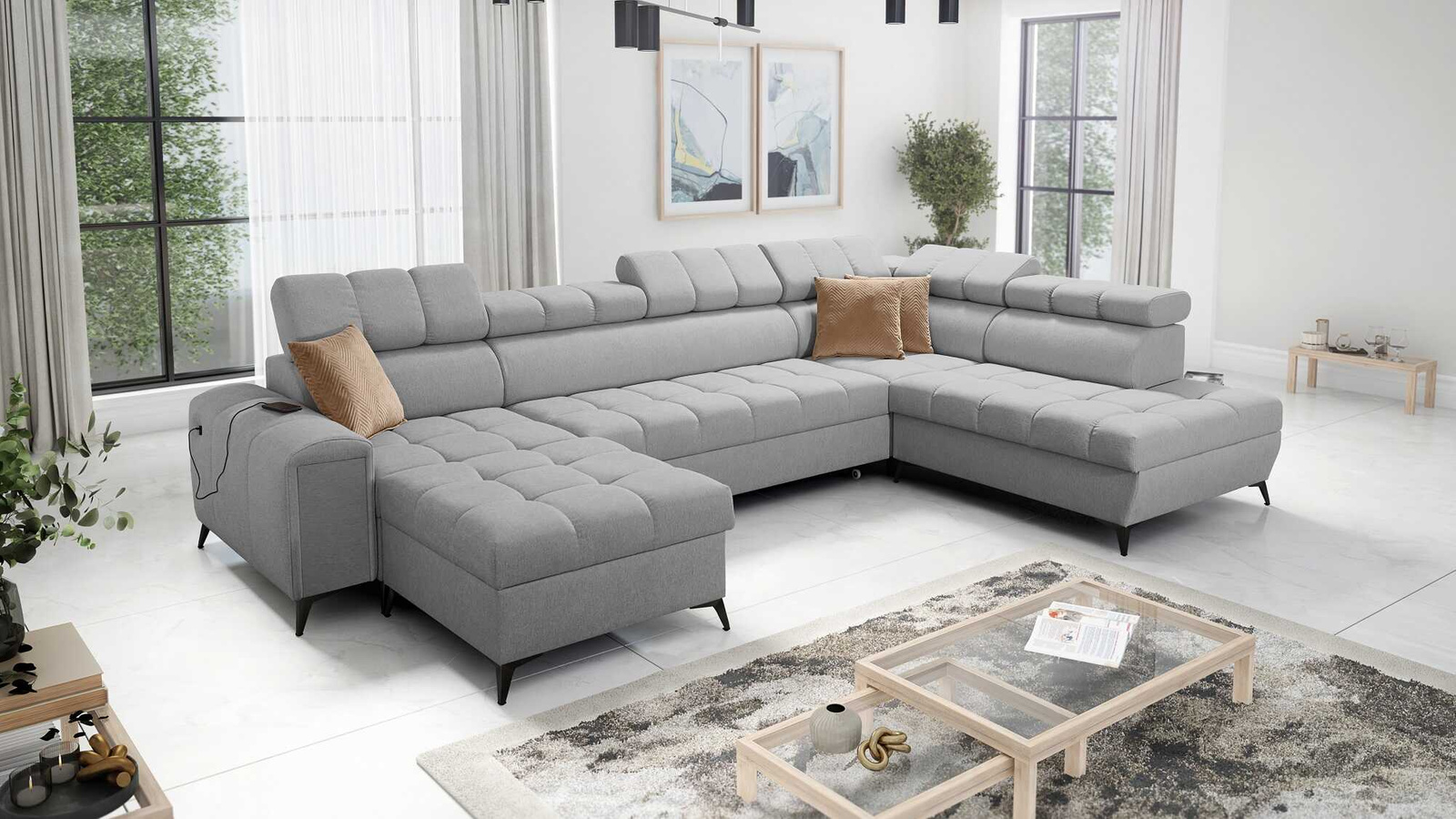 Narożnik z funkcją spania Bolmso VI szary lewostronny wygodny narożnik z regulowanymi zagłówkami ...